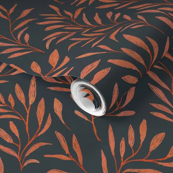 Spoonflower Pink Blue Forest Woodland Leaf Leaves Burnt Orange Custom Pre-pasted Wallpaper - Orange,blue,gray
