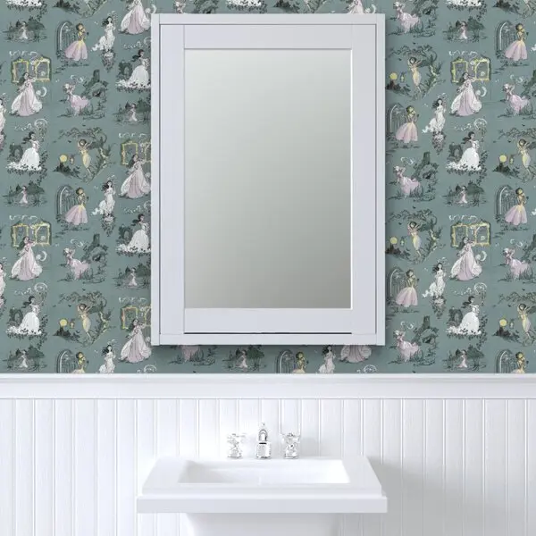 Spoonflower Green Night Gothic Halloween Ghost Spooky Haunted Custom Pre-pasted Wallpaper