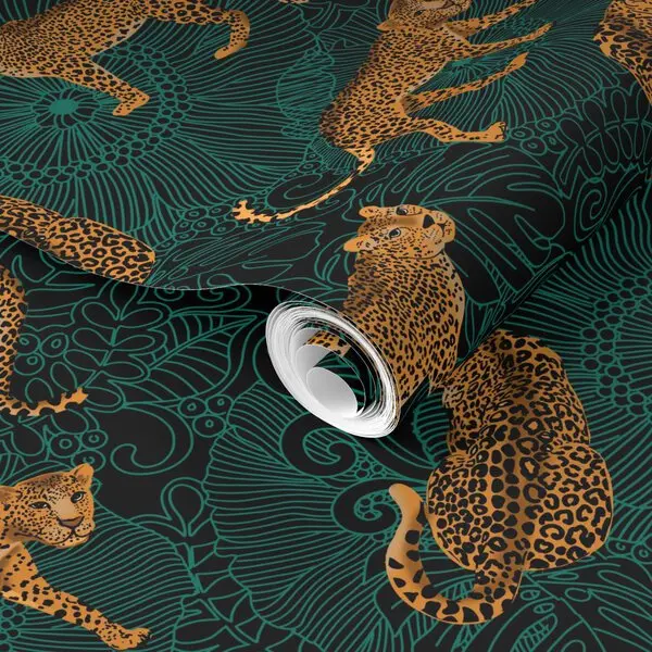 Spoonflower Jungle Leopard Cheetah Animalier Exotic Black Custom Pre-pasted Wallpaper - Green,black,brown