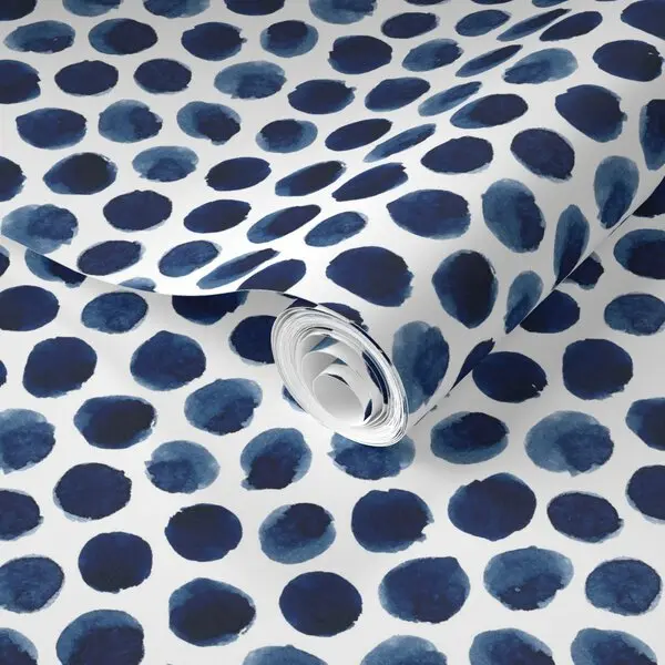Spoonflower Watercolor Watercolour Dots Circles Polka Dot Traditional Wallpaper - Blue,white