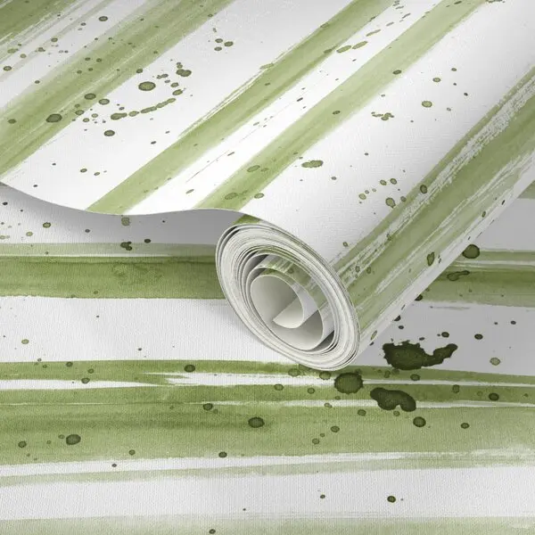 Spoonflower Stripe Abstract Nursery Hand Drawn Watercolor Traditional Wallpaper - Green,sage