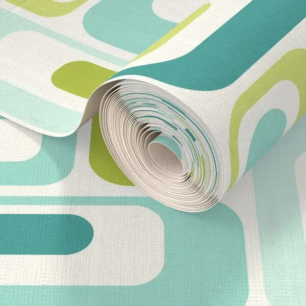 Spoonflower Retro Ovals Lime Green Teal Aqua Blue White 100% Natural Sisal Grasscloth Wallcovering - Teal,blue