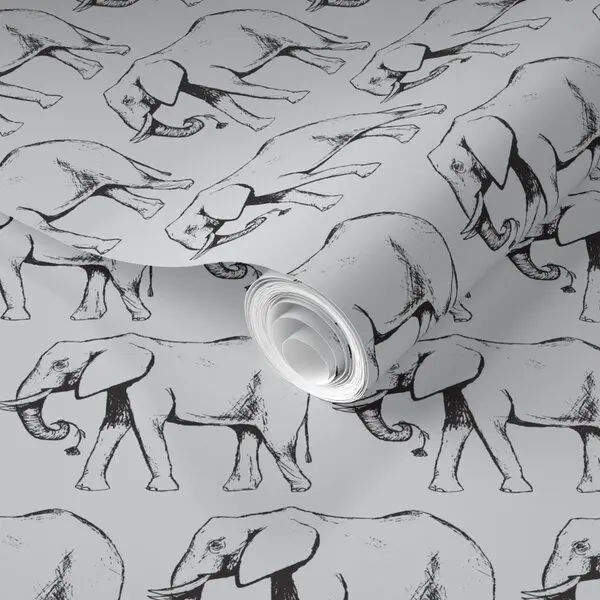 Spoonflower Grey Animal Hand Drawn Elephant Drawing Custom Pre-pasted Wallpaper - Gray,blue