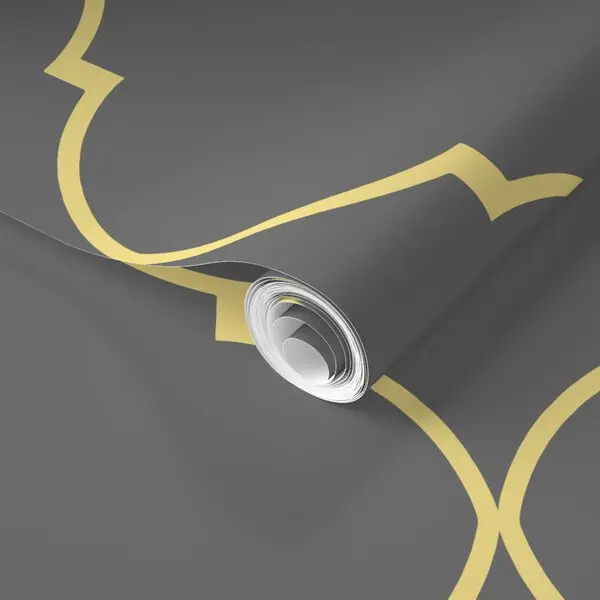 Spoonflower Trellis Gray Quatrefoil Ogee Geometric Yellow Custom Pre-pasted Wallpaper - Gray,yellow,brown