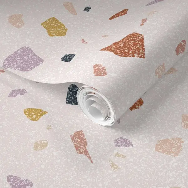 Spoonflower Terrazzo Pastel Gold Dusty Tones Blush Pink Mid Custom Pre-pasted Wallpaper - Beige,pink,gray