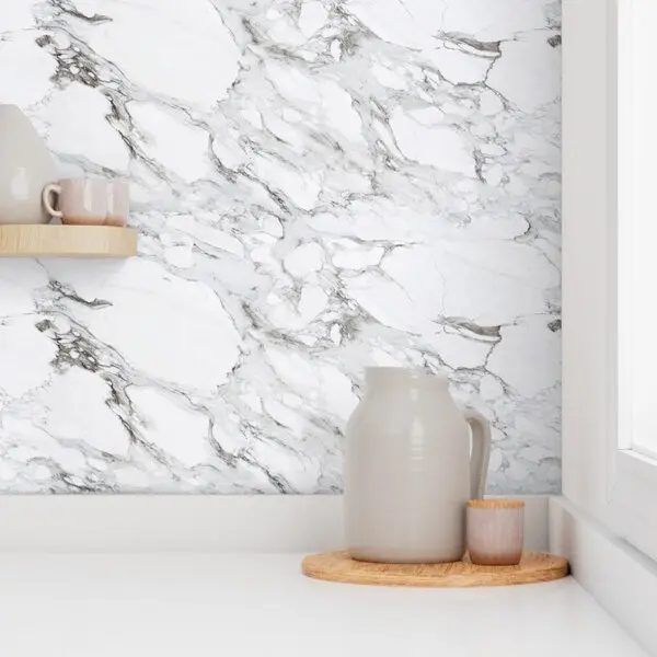 Spoonflower Marble Marbled Look White Stone Modern Custom Pre-pasted Wallpaper