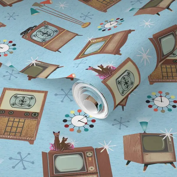 Spoonflower 1950s Television Mid Century Furniture Clock Tv Custom Pre-pasted Wallpaper - Blue,brown