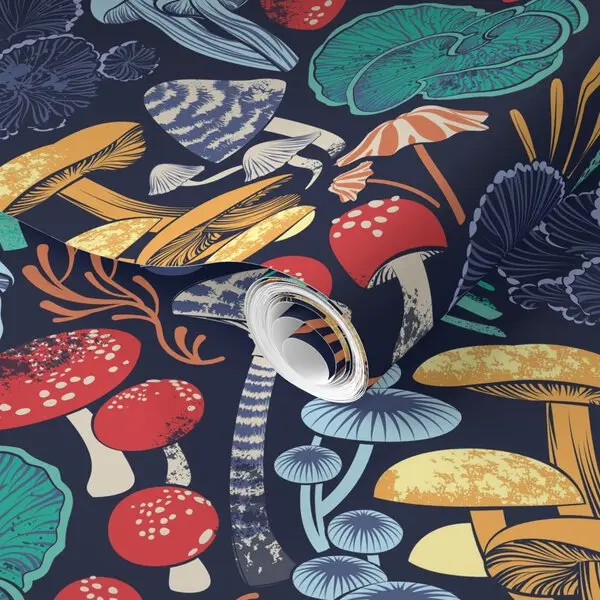 Spoonflower Mystical Scale Midnight Blue Background Wild Custom Pre-pasted Wallpaper - Blue,orange,pink