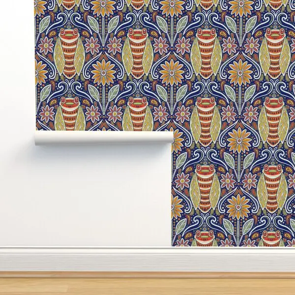 Spoonflower Retro Cicadas In Navy 100% Natural Sisal Grasscloth Wallcovering