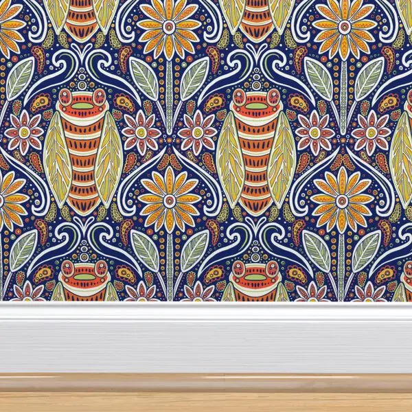 Spoonflower Retro Cicadas In Navy 100% Natural Sisal Grasscloth Wallcovering