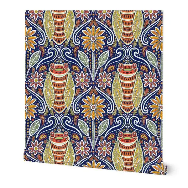 Spoonflower Retro Cicadas In Navy 100% Natural Sisal Grasscloth Wallcovering