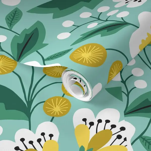 Spoonflower Colorful Spring Flowers Yellow Mint Floral Custom Removable Wallpaper - Yellow,teal,green