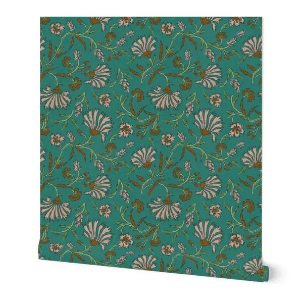 Spoonflower Playa Kalami Peacock 100% Natural Sisal Grasscloth Wallcovering