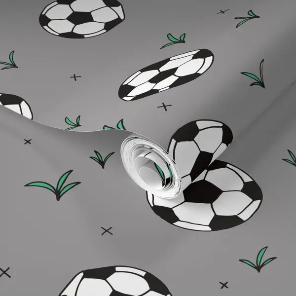 Spoonflower Soccer Ball Fun Sports Illustration Grass Gray Custom Pre-pasted Wallpaper - Gray,black,white