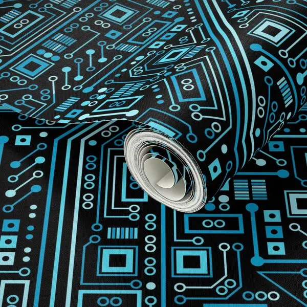 Spoonflower Circuit Board Blue Black Geek Computer Nerd Robot Custom Pre-pasted Wallpaper - Blue,black,gray