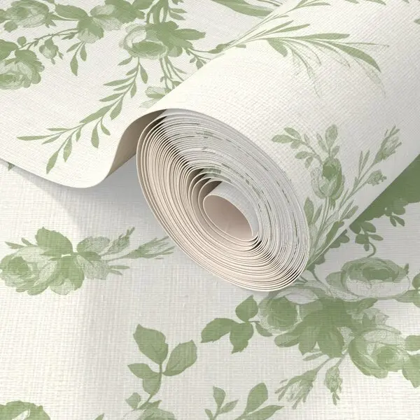 Spoonflower Rococo Green And White Roses Flowers Butterflies 100% Natural Sisal Grasscloth Wallcovering - Green,white