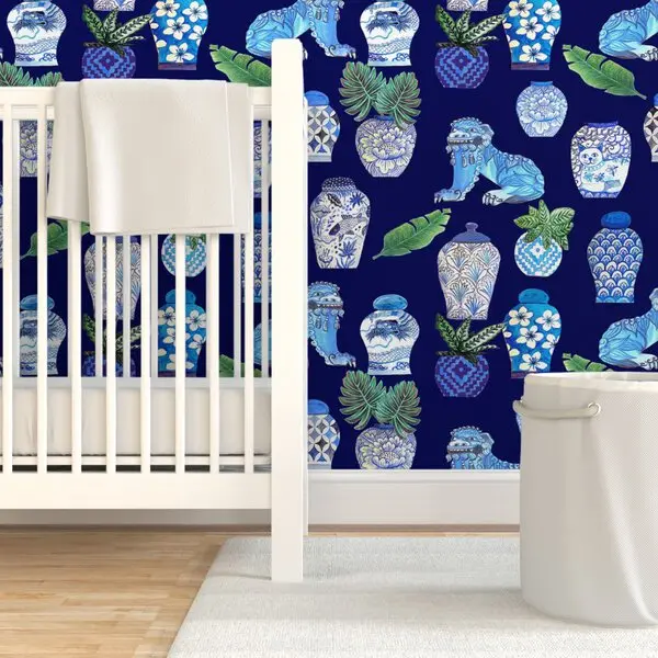 Spoonflower Chinoiserie Foo Dog Classic Chinese Ginger Custom Pre-pasted Wallpaper - Blue