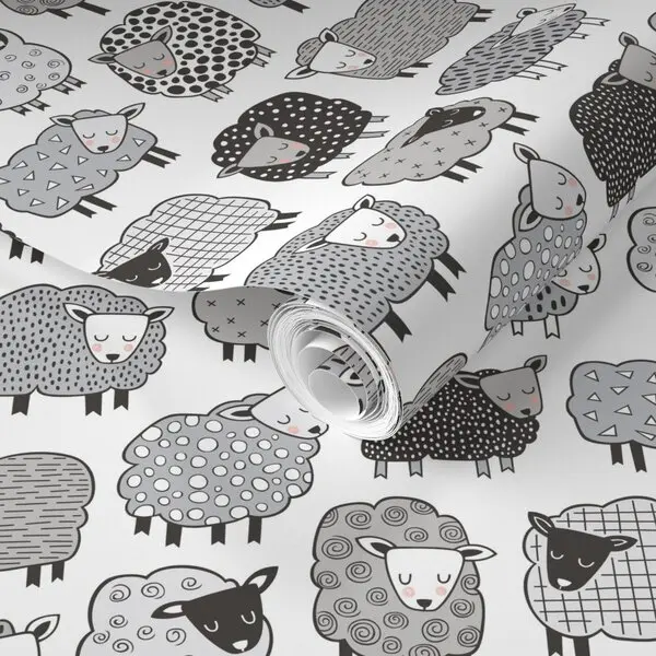 Spoonflower Sheep Geometric Patterned Black White Gray Lamb Custom Pre-pasted Wallpaper - Gray,brown