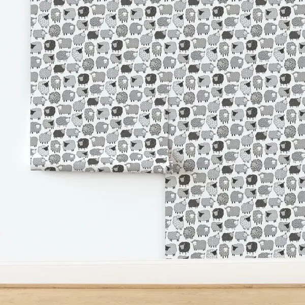 Spoonflower Sheep Geometric Patterned Black White Gray Lamb Traditional Wallpaper