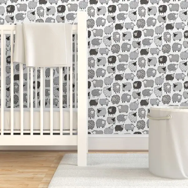 Spoonflower Sheep Geometric Patterned Black White Gray Lamb Traditional Wallpaper