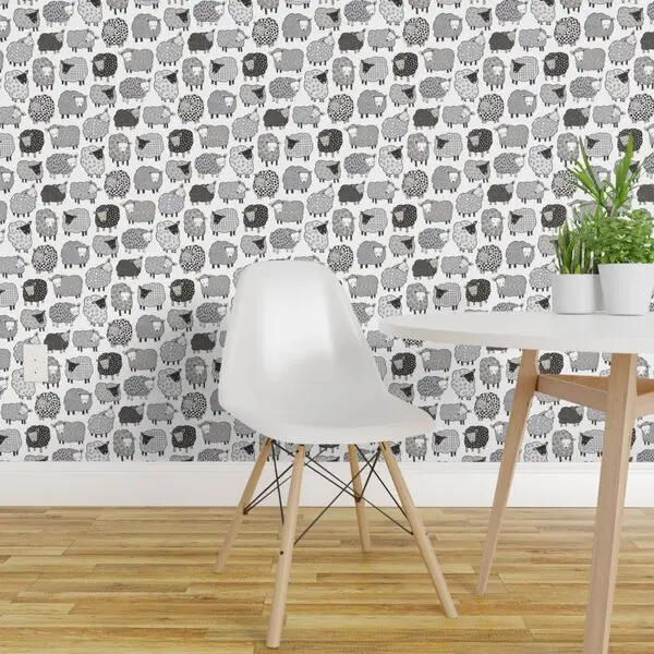 Spoonflower Sheep Geometric Patterned Black White Gray Lamb Traditional Wallpaper