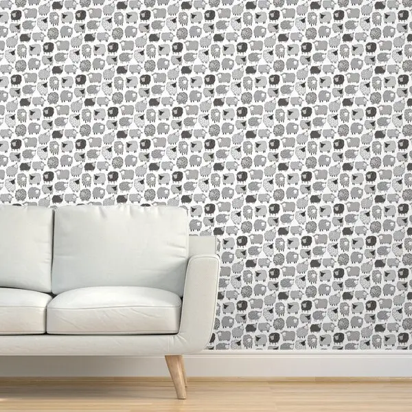 Spoonflower Sheep Geometric Patterned Black White Gray Lamb Traditional Wallpaper