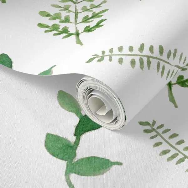 Spoonflower Spring Watercolor Leaves Fern Eucalyptus Botanical Custom Removable Wallpaper - Green,white