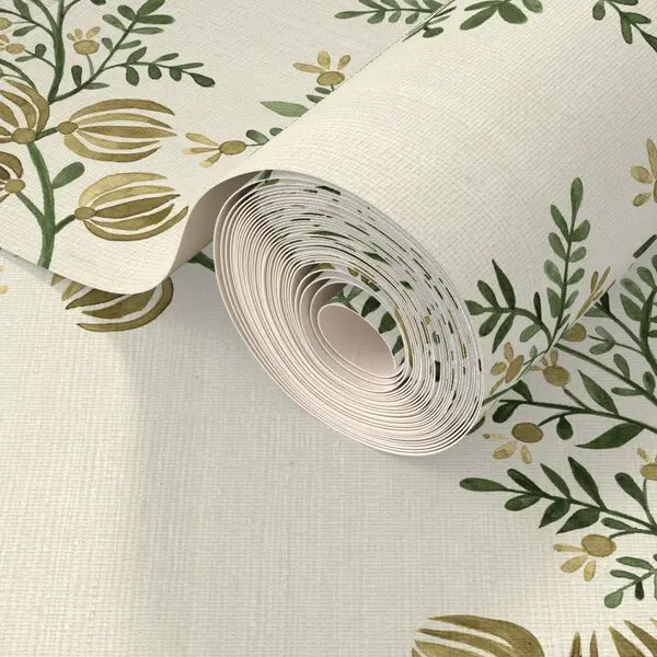 Spoonflower Brown Green Emma Floral Toss 100% Natural Sisal Grasscloth Wallcovering - Green,brown