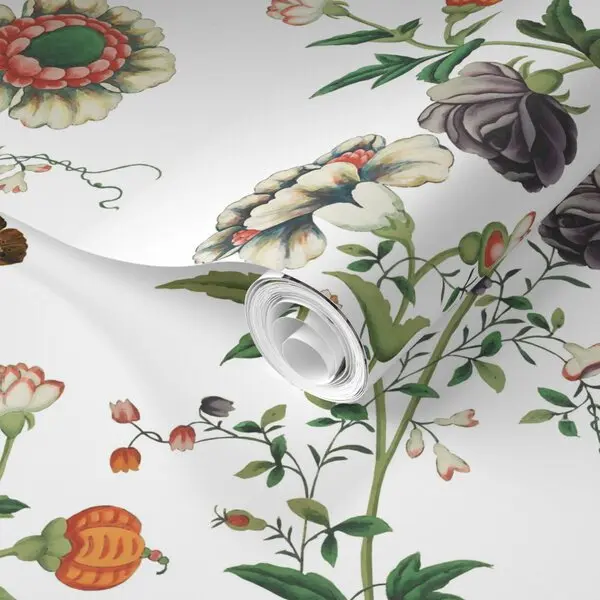 Spoonflower Chinoiserie Butterfly Floral Asian Inspired Custom Removable Wallpaper - White,green,gray