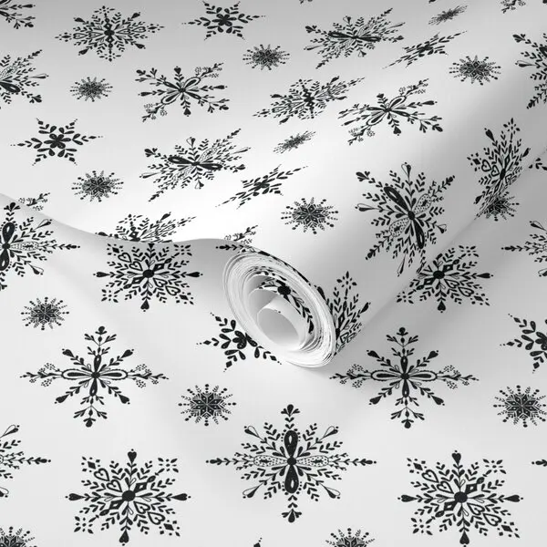 Spoonflower Black And White Snowflakes Modern Winter Holiday Custom Pre-pasted Wallpaper - White,green,gray