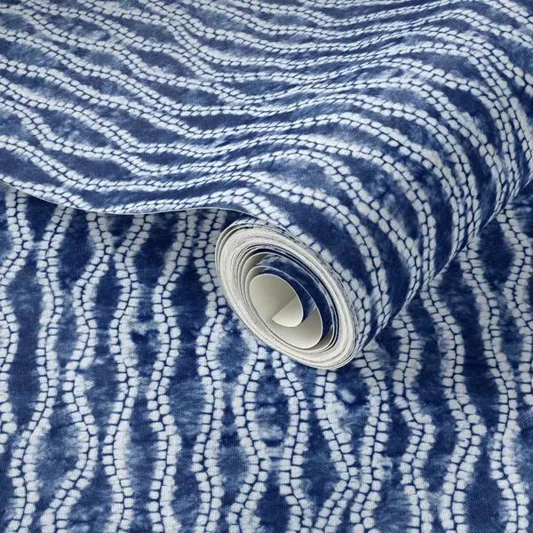 Spoonflower Shibori Indigo Blue Waves White Modern Beach Home Custom Removable Wallpaper - Blue,white,indigo