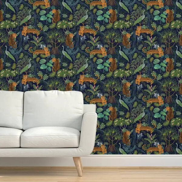 Spoonflower Large Lazy Leopards Navy 100% Natural Sisal Grasscloth Wallcovering