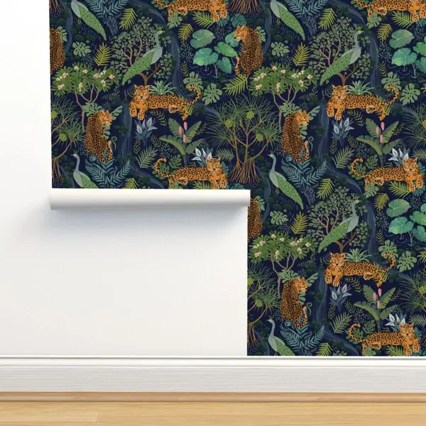 Spoonflower Large Lazy Leopards Navy 100% Natural Sisal Grasscloth Wallcovering