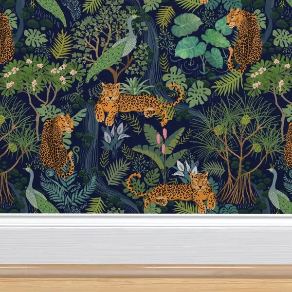 Spoonflower Large Lazy Leopards Navy 100% Natural Sisal Grasscloth Wallcovering
