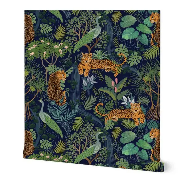 Spoonflower Large Lazy Leopards Navy 100% Natural Sisal Grasscloth Wallcovering
