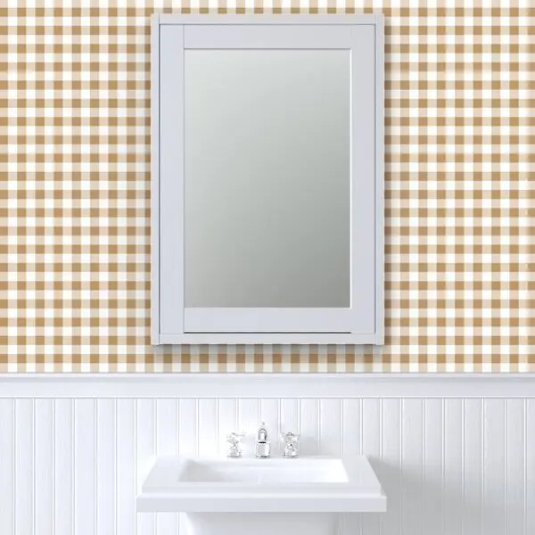 Spoonflower White Buffalo Gingham Squares Check Tan Beige Custom Pre-pasted Wallpaper - Gray,brown