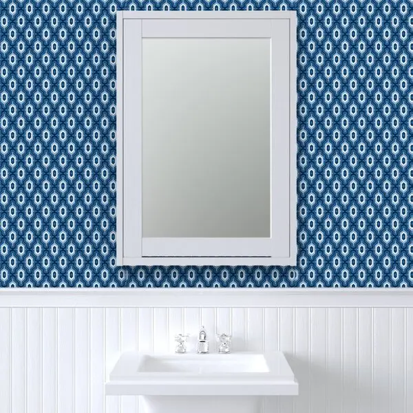 Spoonflower Modern Moroccan Monochromatic And White Diy Custom Pre-pasted Wallpaper - Blue