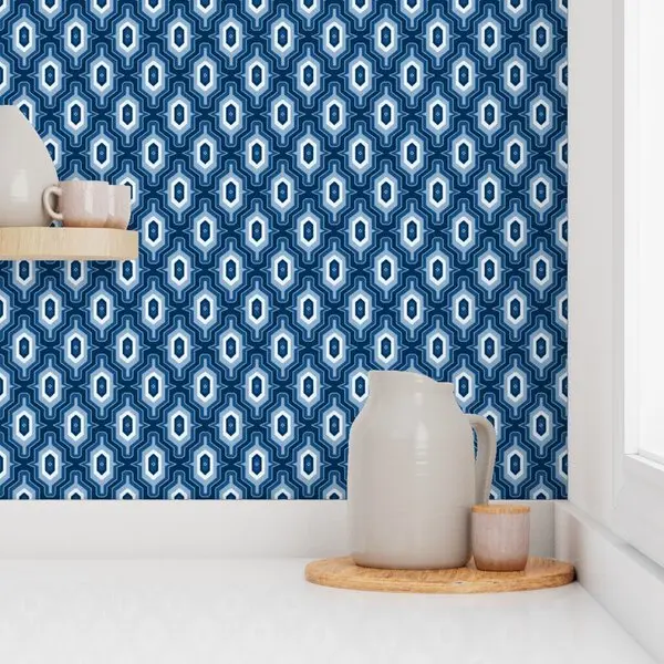 Spoonflower Modern Moroccan Monochromatic And White Diy Custom Pre-pasted Wallpaper - Blue