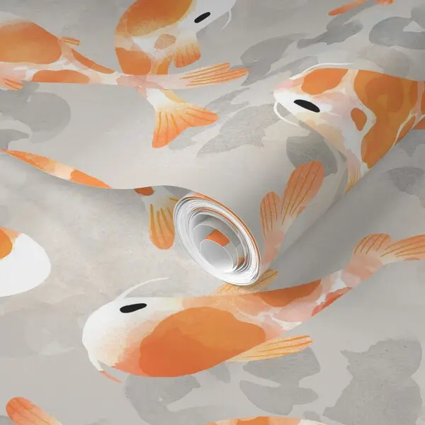 Spoonflower Japanese Koi Fish Orange Gray White Watercolor Traditional Wallpaper - White,orange,brown
