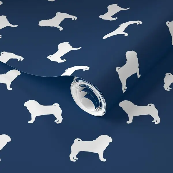 Spoonflower Navy Pug Silhouette Custom Pre-pasted Wallpaper - Navy,blue