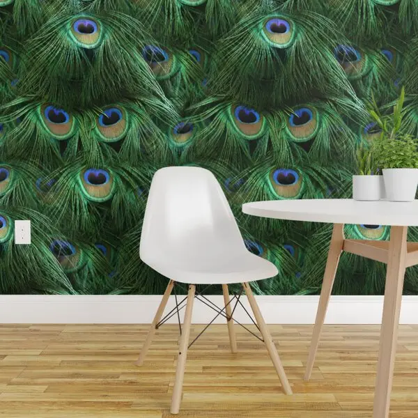 Spoonflower Tale Peacock Tail Small Feather Trendy Nature Bird Traditional Wallpaper