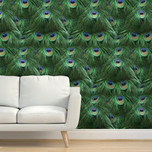 Spoonflower Tale Peacock Tail Small Feather Trendy Nature Bird Traditional Wallpaper