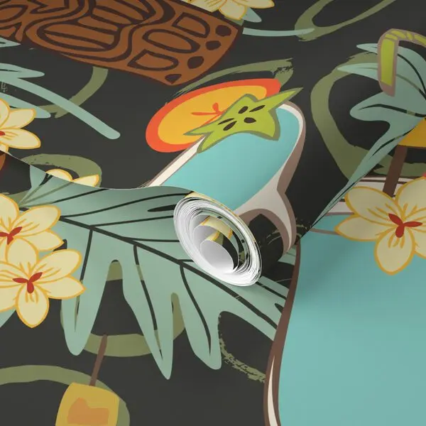 Spoonflower Blue Hawaii Hawaiian Village Beach Tropical Tiki Traditional Wallpaper - Brown,blue,gray