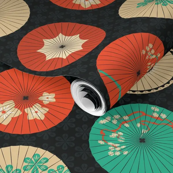 Spoonflower Umbrellas Parasols Sakura Flower Japanese Folk Custom Pre-pasted Wallpaper - Blue,beige,mint
