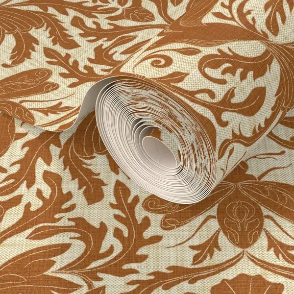 Spoonflower Natural Life Rococo Bird Leaves Fish Decor Ornate 100% Natural Sisal Grasscloth Wallcovering - Orange,beige,brown