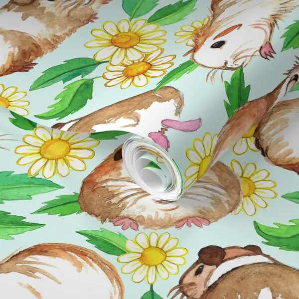 Spoonflower Yellow Guinea Pigs Daisies Watercolor Pale Mint Traditional Wallpaper - Green,brown,yellow