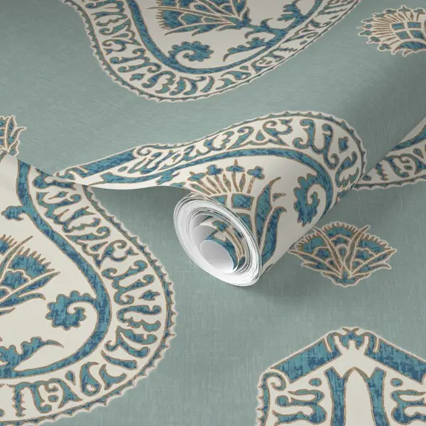 Spoonflower Green Blue Medieval Renaissance Historic Custom Pre-pasted Wallpaper - Mint,gray,blue