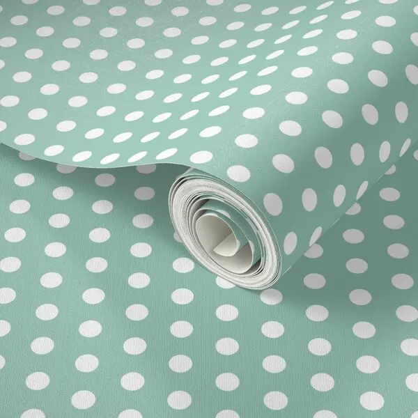 Spoonflower Small White Dots Polka Custom Pre-pasted Wallpaper - Teal,mint,gray