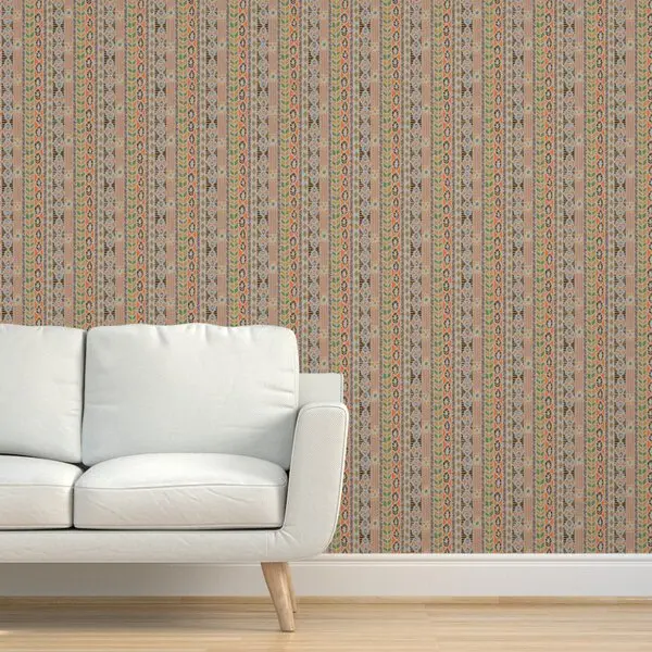 Spoonflower Reverse Orange And Tapa Pattern Final 100% Natural Sisal Grasscloth Wallcovering - Green