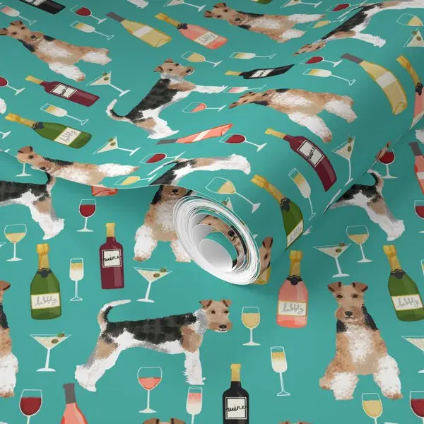 Spoonflower Fox Terriers Dogs Breeds Wine Terrier Turquoise Custom Pre-pasted Wallpaper - Turquoise,beige,brown